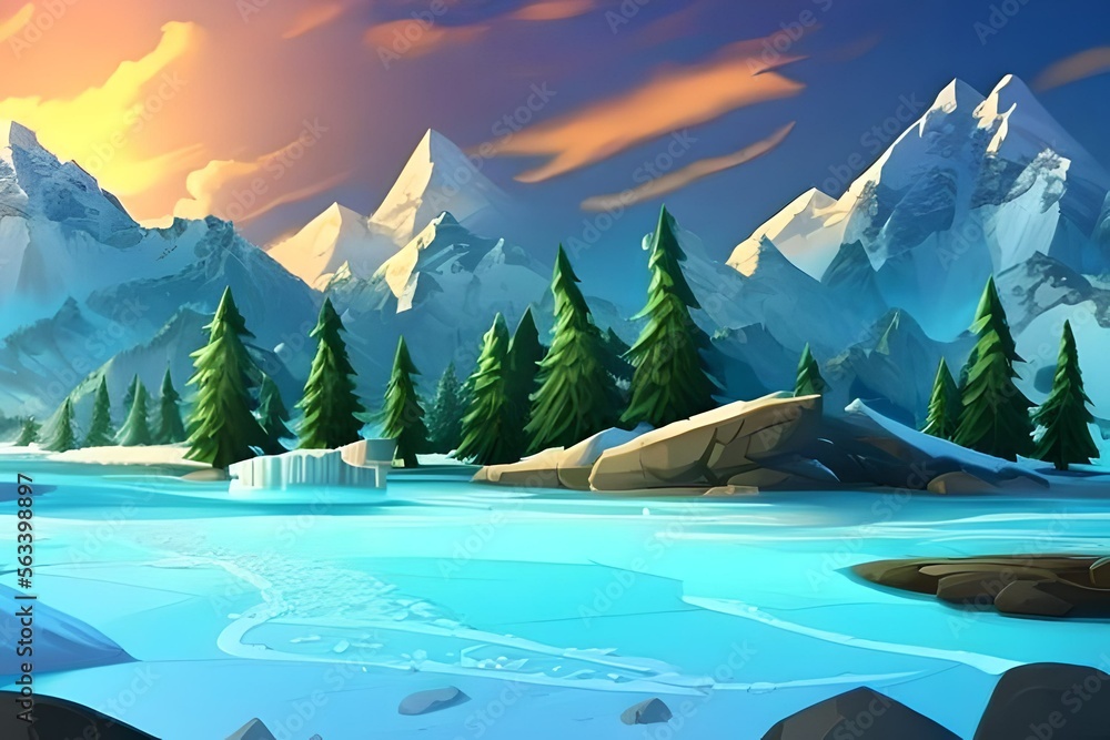 Frozen Adventure - A Simple Cartoon Illustration of a 2D Ice Landscape ...
