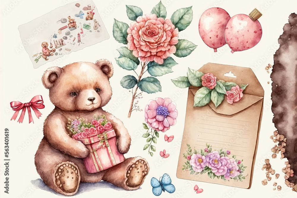 Teddy bear holding a present letter hearts flowers watercolor ...