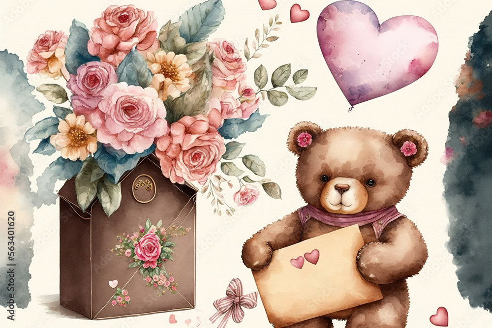 Teddy bear holding a card letter hearts flowers watercolor, Generative ...