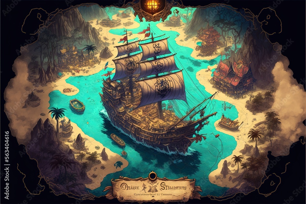 Pirate treasure map, with drawn pirate ship and sea. Generative AI ...