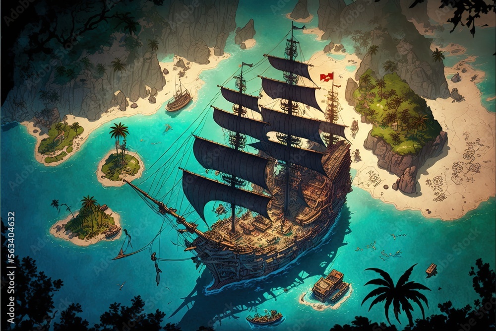 Pirate treasure map, with drawn pirate ship and sea. Generative AI ...