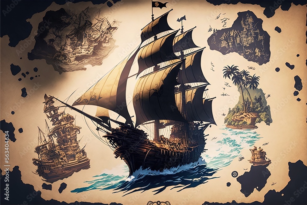 Pirate treasure map, with drawn pirate ship and sea. Generative AI ...