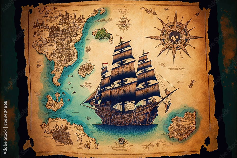 Pirate treasure map, with drawn pirate ship and sea. Generative AI ...