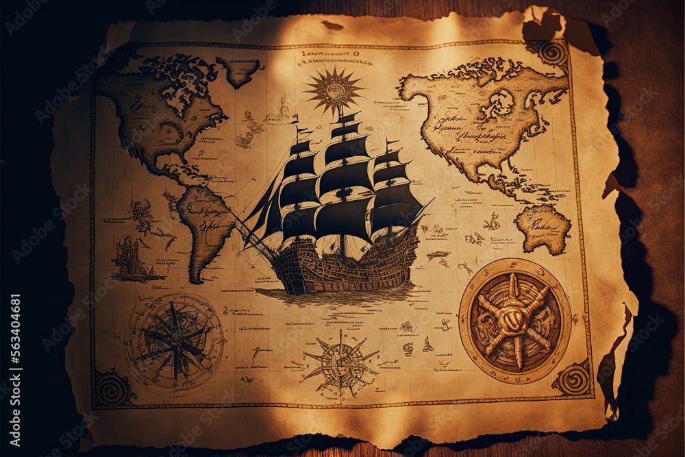 Pirate treasure map, with drawn pirate ship and sea. Generative AI ...