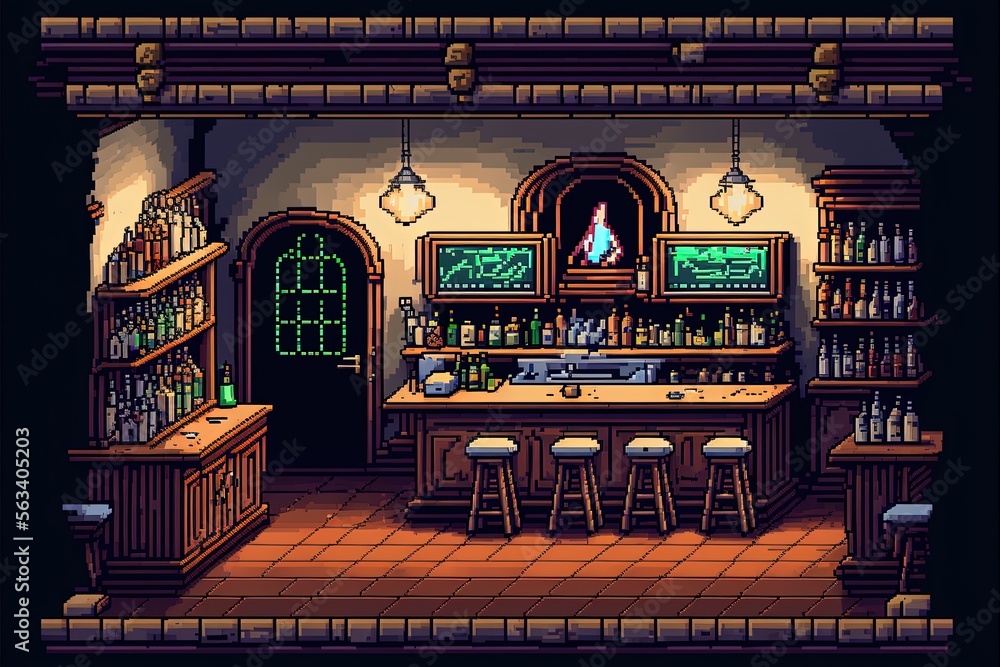 Interior of a bar with a counter, drinks and stools, made of wood ...