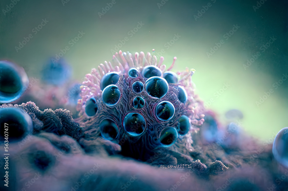 Microscopic electron macroscopic close view of cells and ovum attacked ...