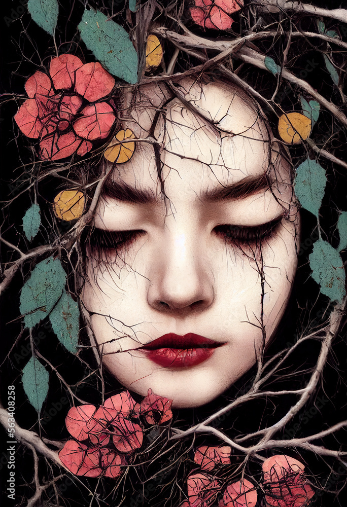 Beautiful Spirit of the Forest. Woman’s Face Wrapped in Branches and ...