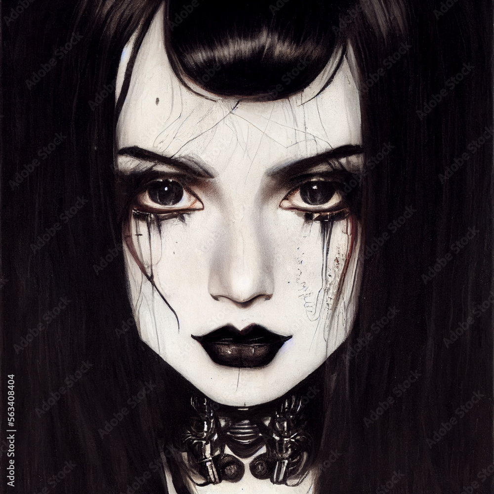 Beautiful Goth Girl Character with Black Hair, Dark Lipstick, and ...