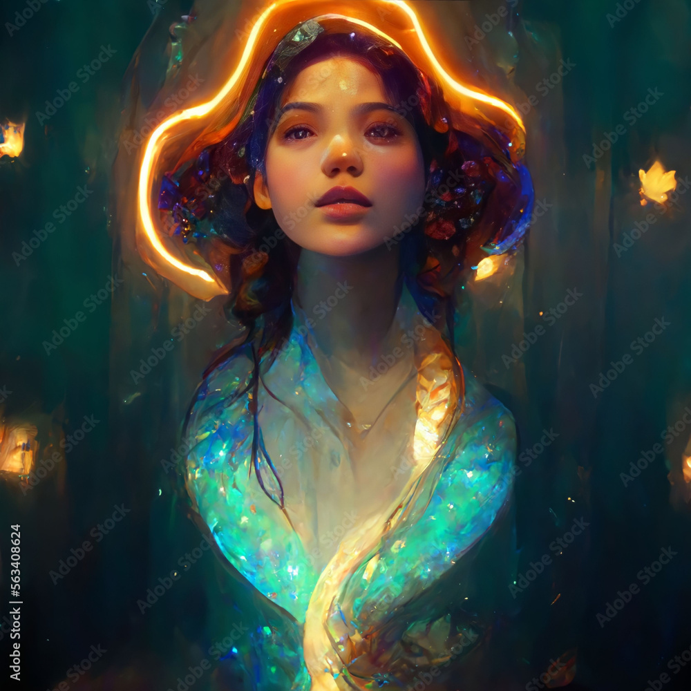 Beautiful Neon Art Nouveau Mermaid with Rain and Ethereal Electric ...