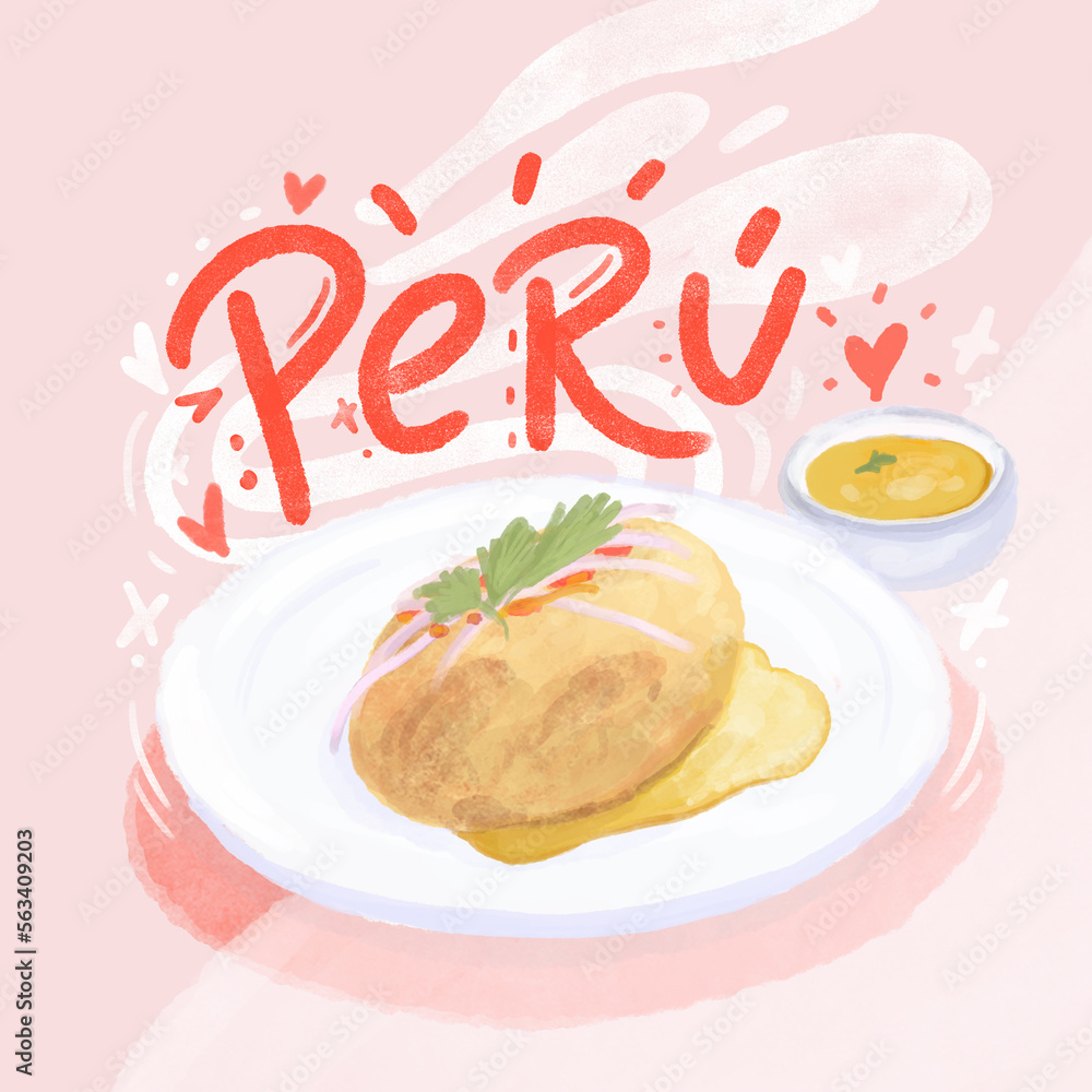 Ilustración de perú y comida típica, papa rellena con ají y fondo ...