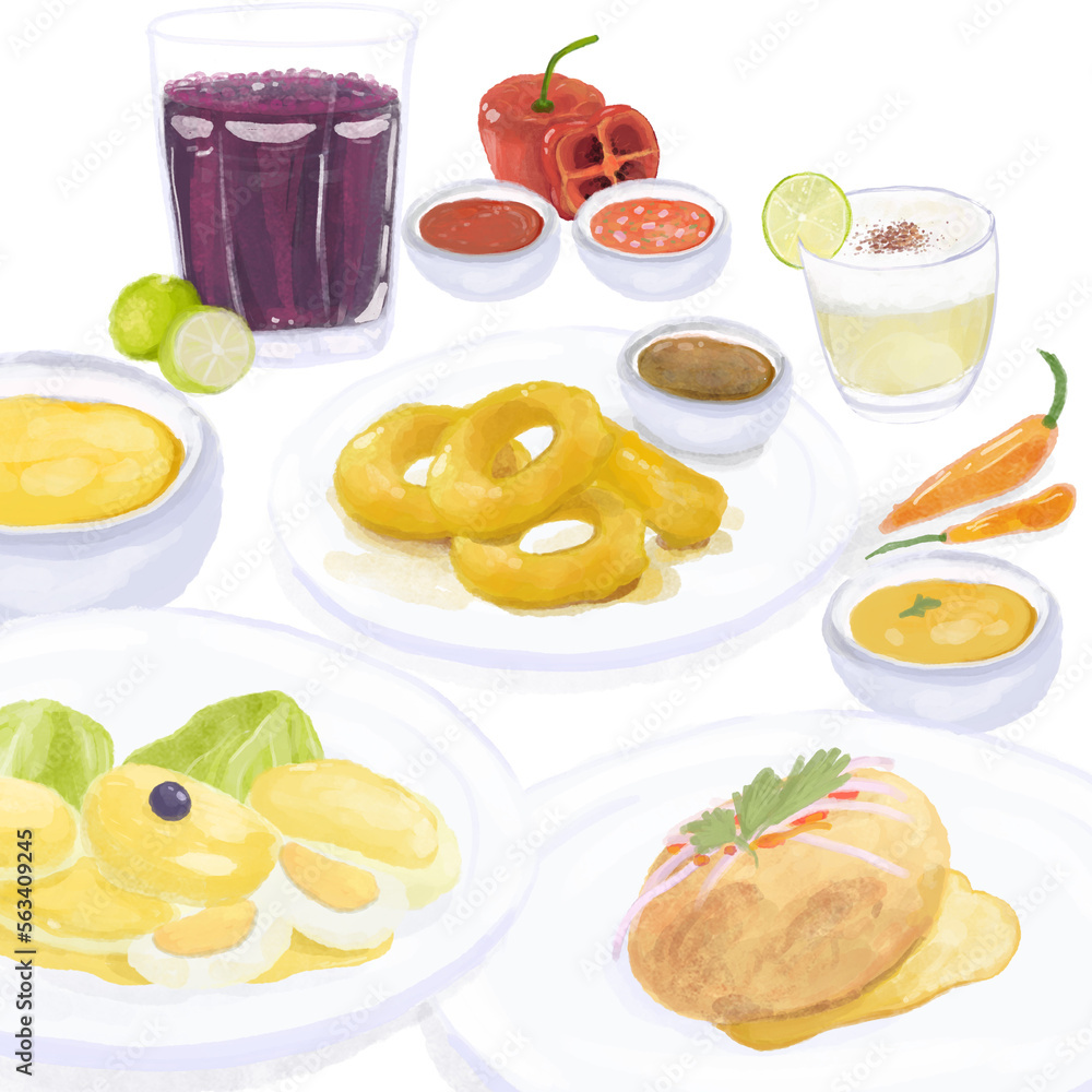 Ilustración de comida típica peruana, chicha morada, ajíes, papa a la ...
