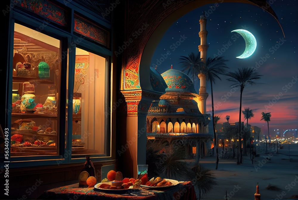 Ramadan islamic night view with mosque and moon background, Generative ...