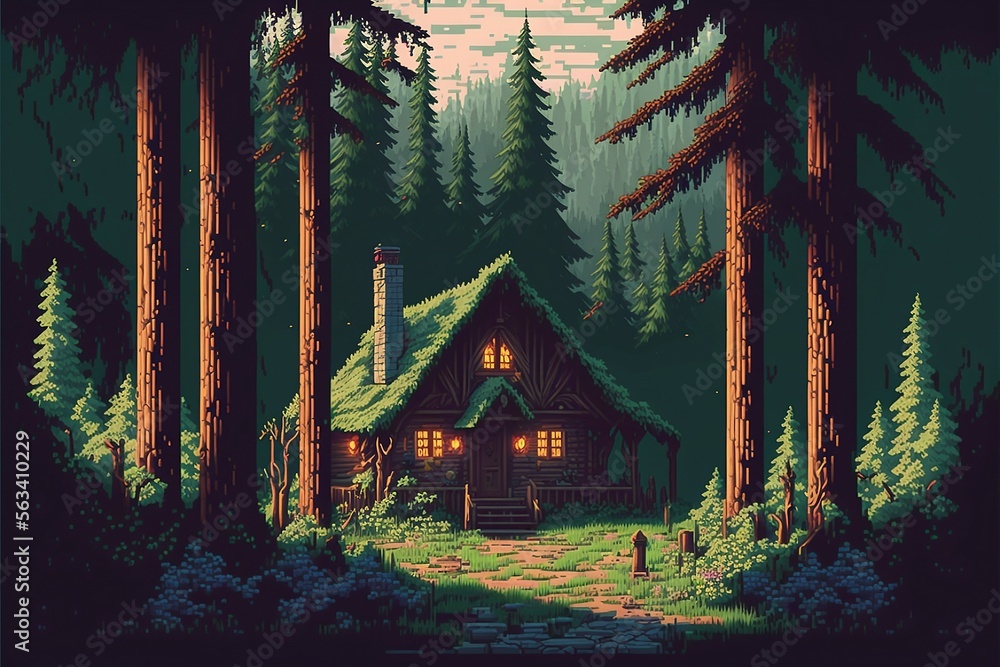 House in the forest, 32-bit pixel art "AI" Stock Illustration | Adobe Stock