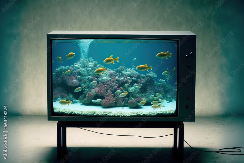 Flat screen tv in aquarium standing on a desk, created with Generative ...