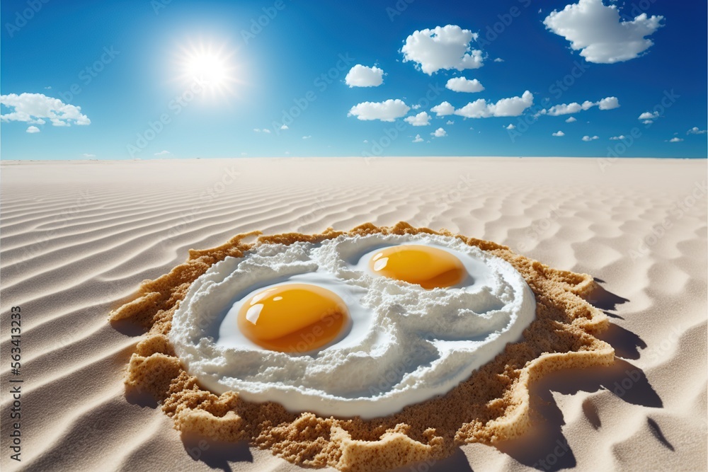 Fried eggs fried on hot sand on the public beach, concept of hot ...