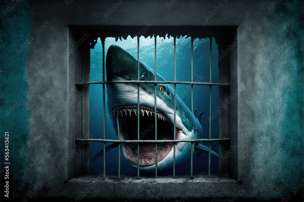 Shark in a jail behind bars, concept of criminal, business shark ...