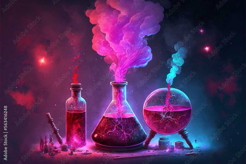 Pink and Red Magic Love Potions in a Chemistry or Alchemy Lab with Pink ...