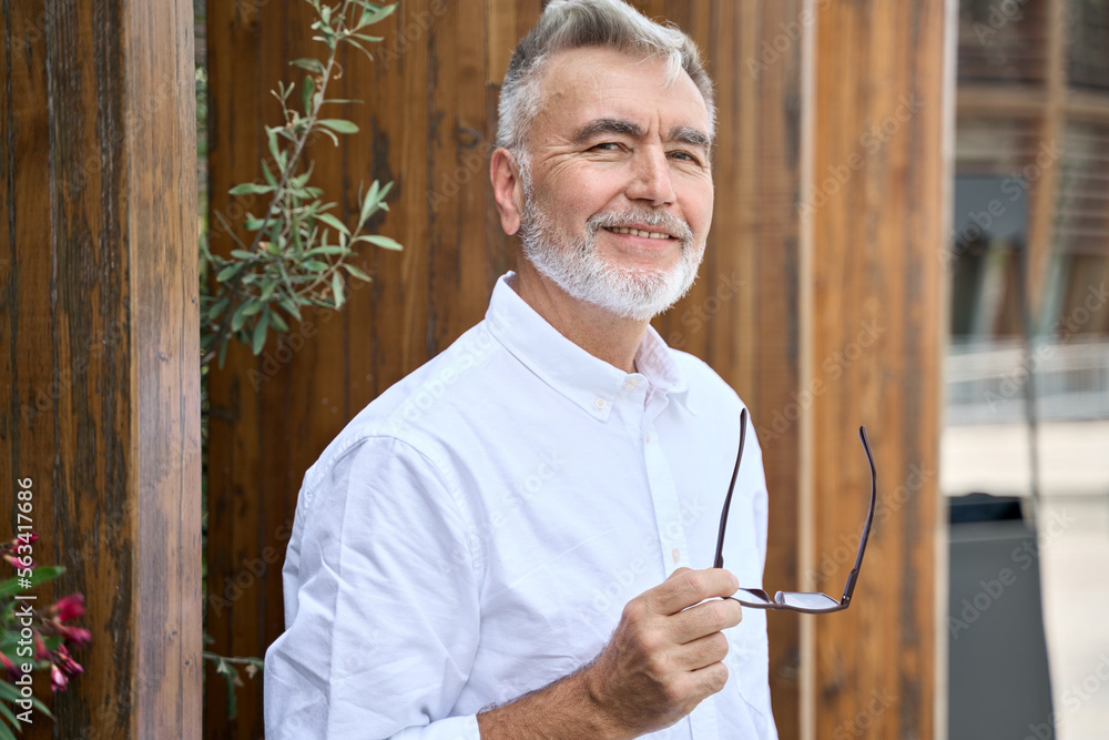 Smiling classy older senior business man looking at camera standing ...
