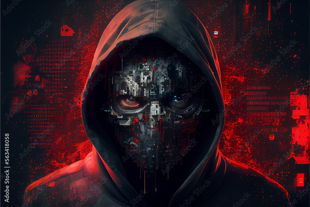 Hacker making threat of cyberattack of computer security. Skull pirate ...