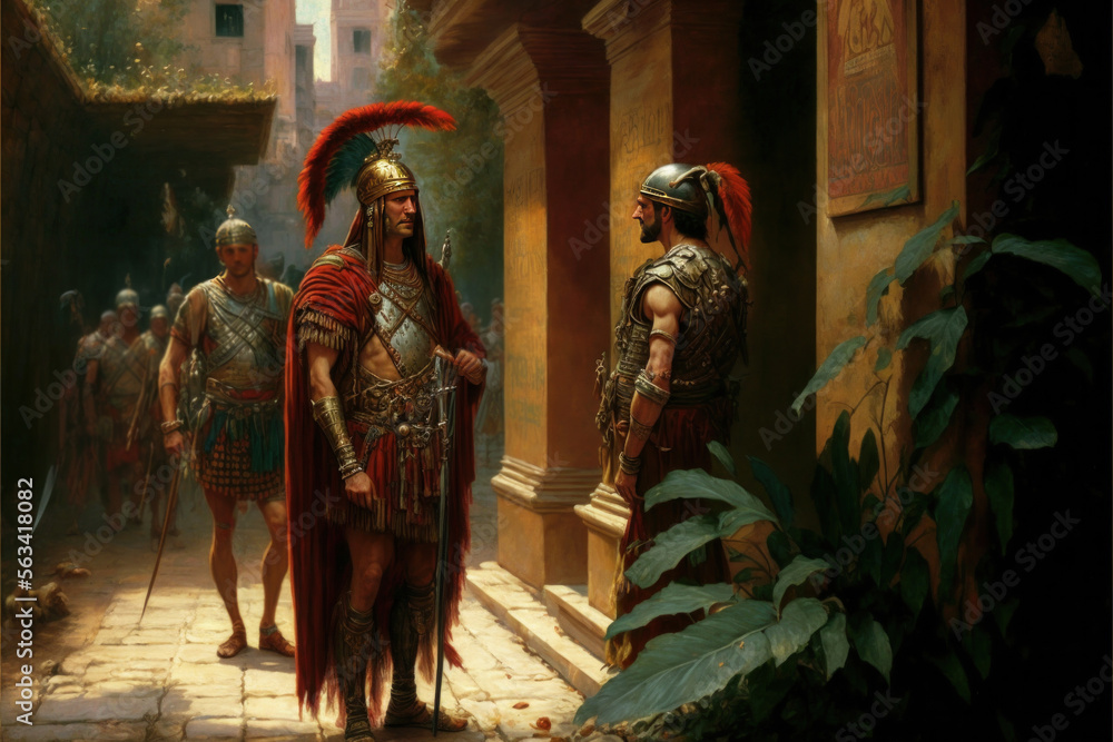 Roman soldiers guarding the city of Ancient Rome. Legionaries wearing ...