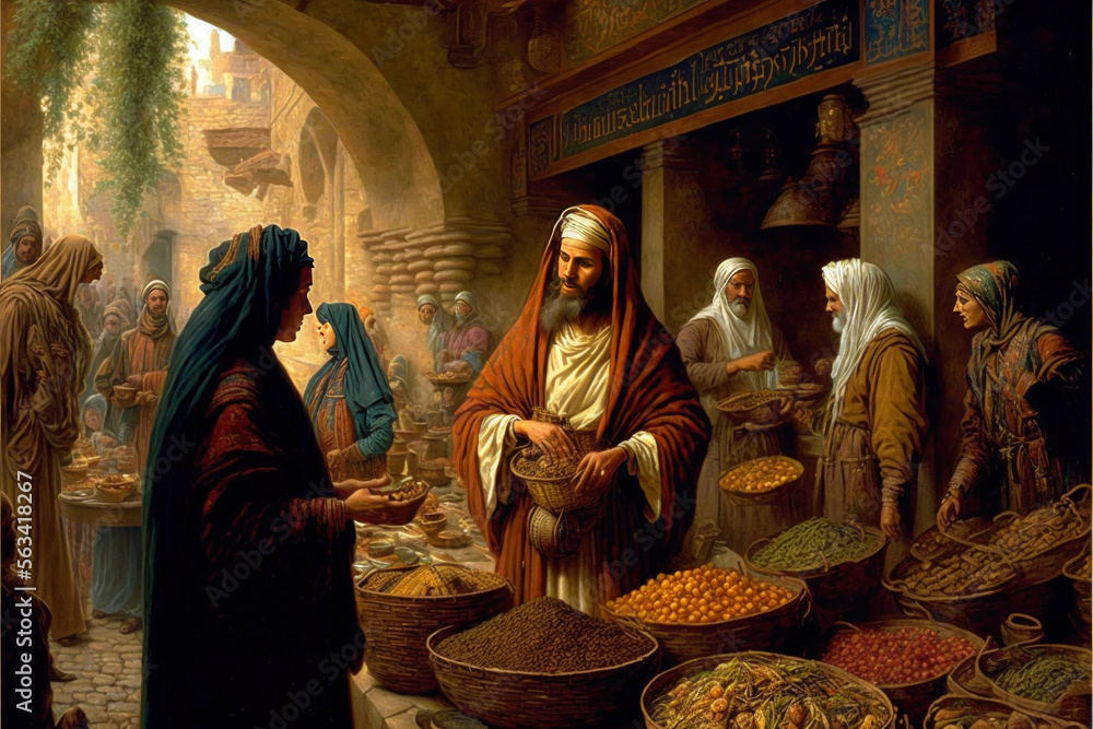 Byzantine market illustration of Constantinople featuring a group of ...