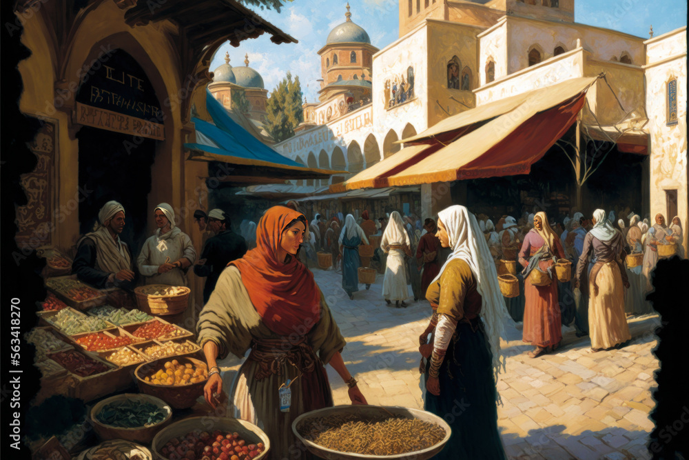 Medieval market illustration of Constantinople, the Byzantine capital ...