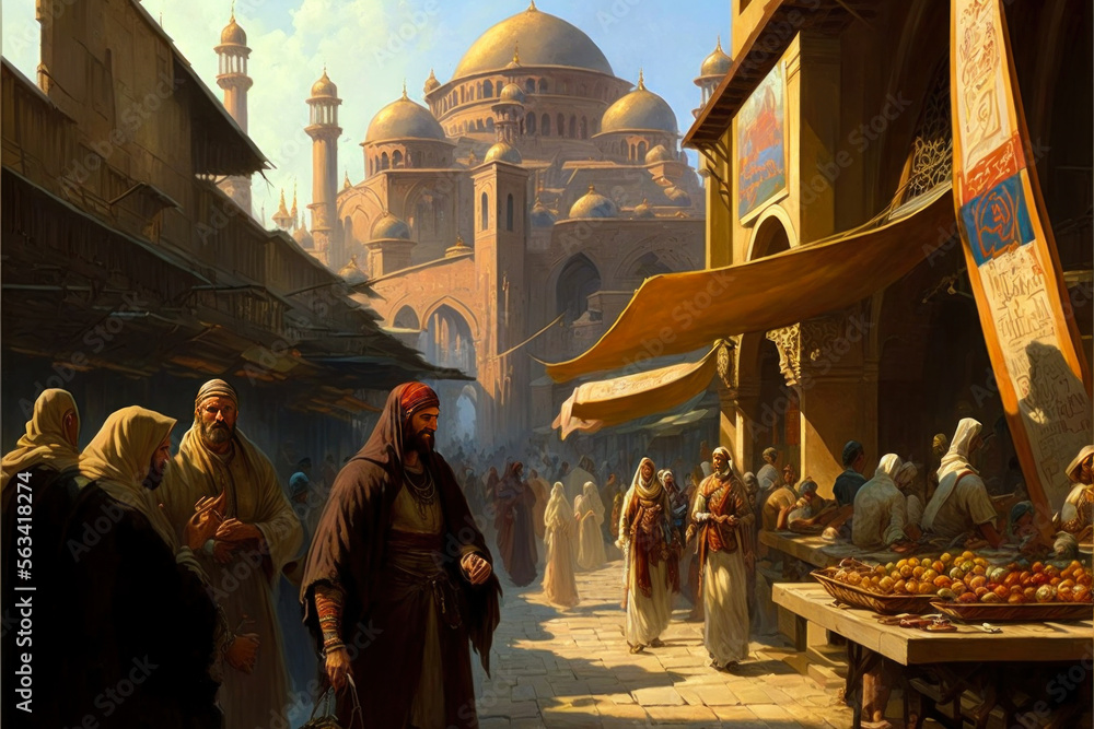 Byzantine medieval market trading in the bustling streets of ...