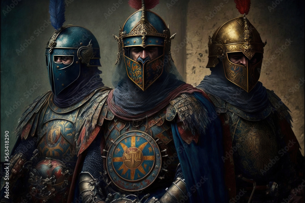 Byzantine soldiers in full armour, with their distinctive helmets and ...