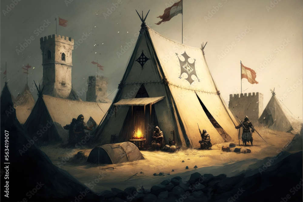 Crusader camp with tents and makeshift fortifications. Illustration of ...