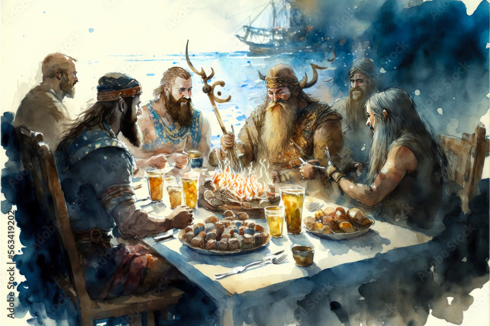 Vikings on a ship with a table full of food and drinks, feasting after ...
