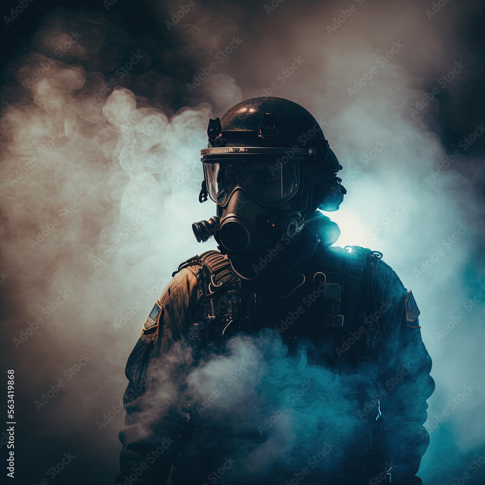 Policeman wearing gas mask, in full riot gear at night, surrounded by ...