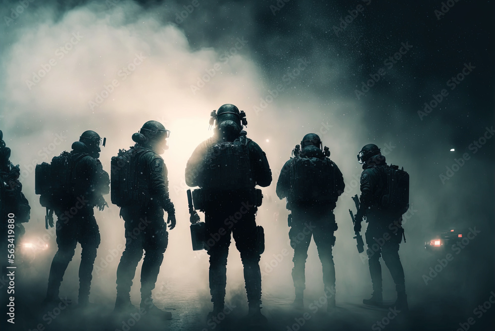 Policemen in SWAT team, in full riot gear at night, surrounded by smoke ...