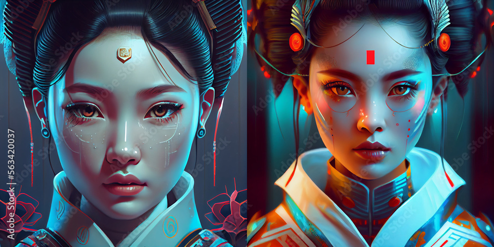 Cyberpunk japanese geisha portrait. Futuristic elements. Neon lights ...