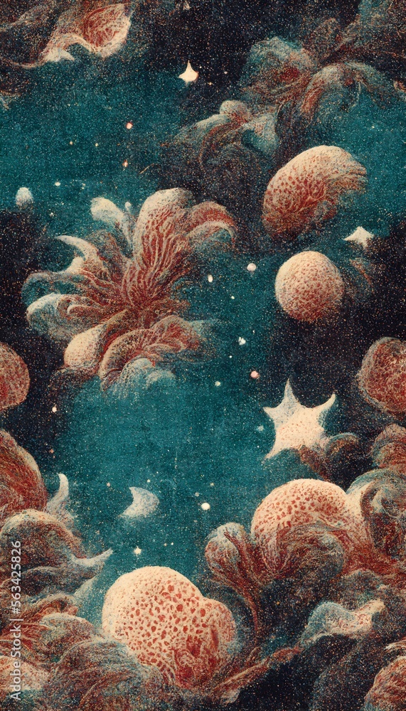 celestial themed coral and teal print pattern wallpaper dark academia ...