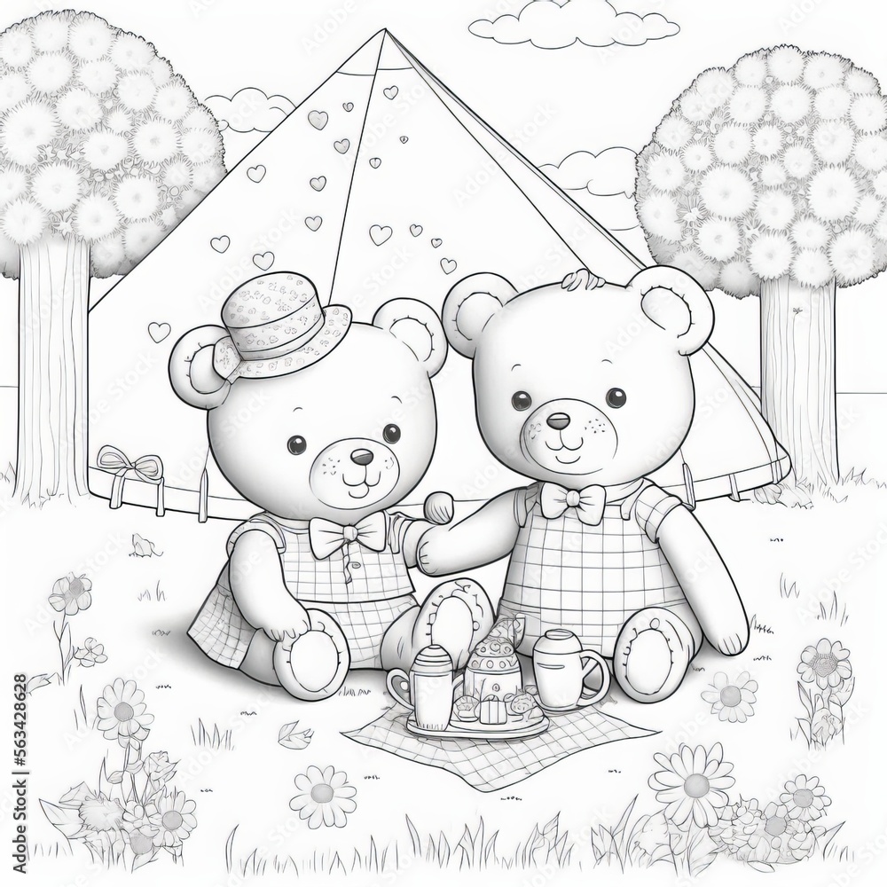 Two little bear in love coloring page illustration Stock Illustration ...