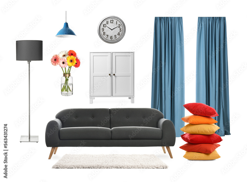 Stylish interior design. Different decorative elements and furniture on ...