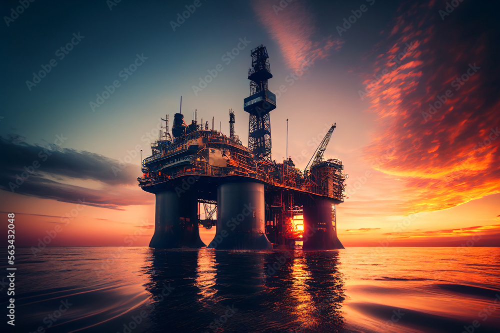 Offshore petroleum platform oil rig and gas at sea water sunset light ...