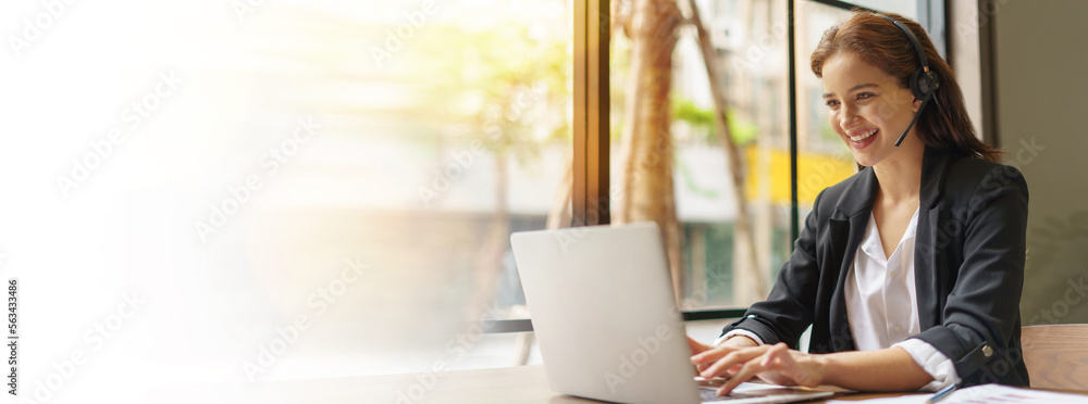 call center and headset with copy space panorama banner . customer ...