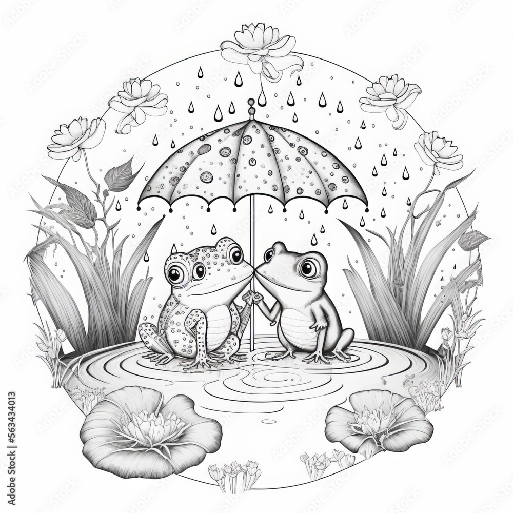 whimsical cartoon-style coloring page for children featuring a frog ...
