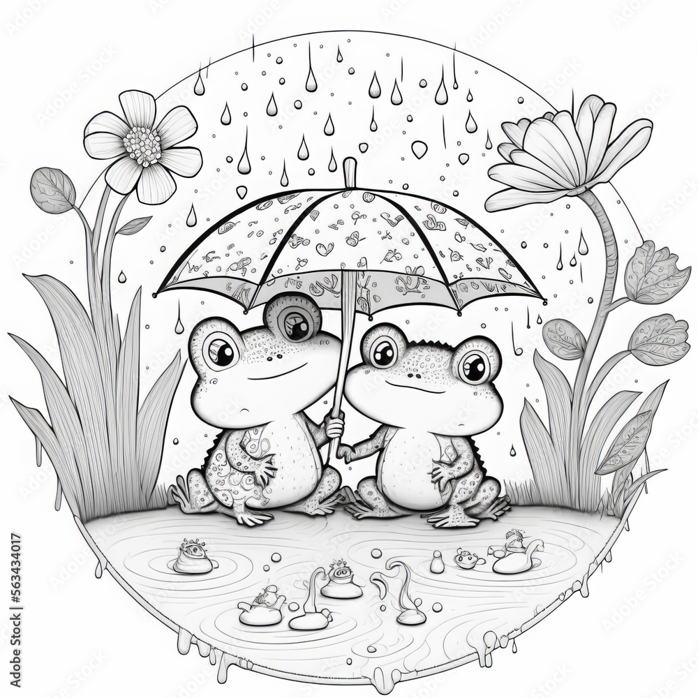 whimsical cartoon-style coloring page for children featuring a frog ...