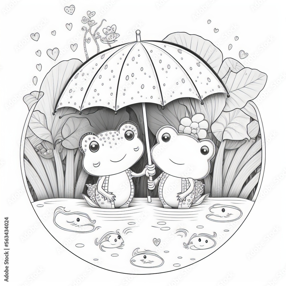 whimsical cartoon-style coloring page for children featuring a frog ...