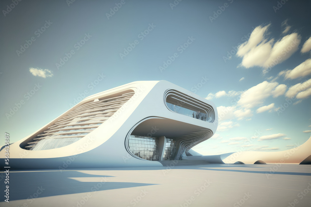 Futuristic architecture of modern hall entrance facade with empty ...