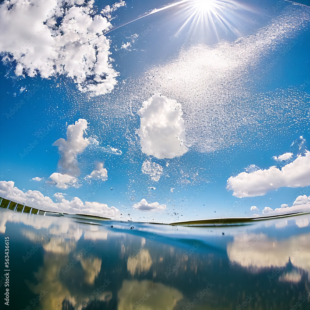 Scene of reflective tranquil water surface with water droplets lifting ...