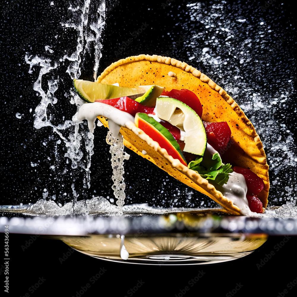 Isolated closeup view of crispy taco with vegetables and sauce falling ...