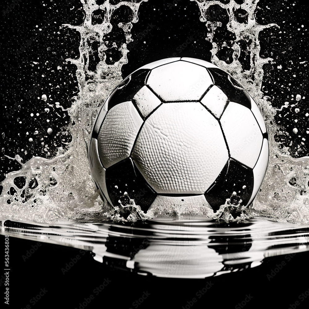 Isolated wet soccer ball partially submerged underwater with dramatic ...