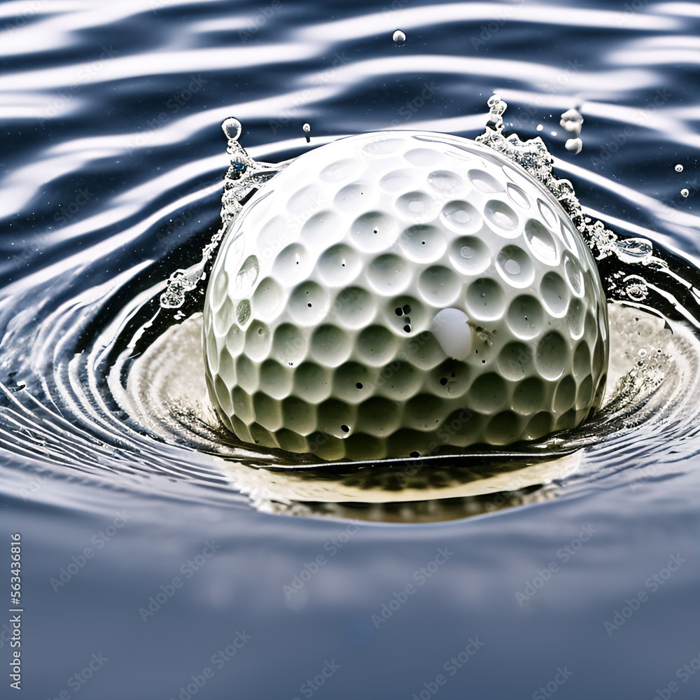 Isolated wet golf ball partially submerged underwater with dramatic ...