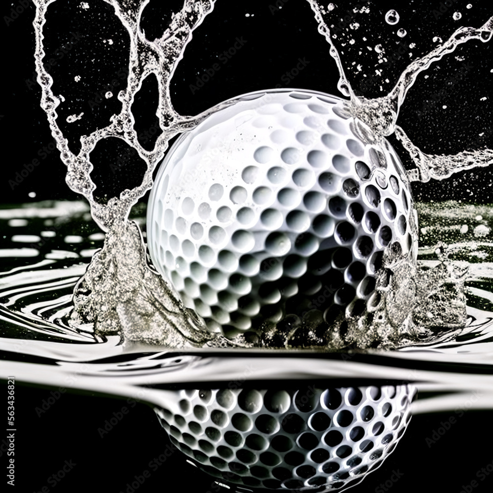 Isolated wet golf ball partially submerged underwater with dramatic ...