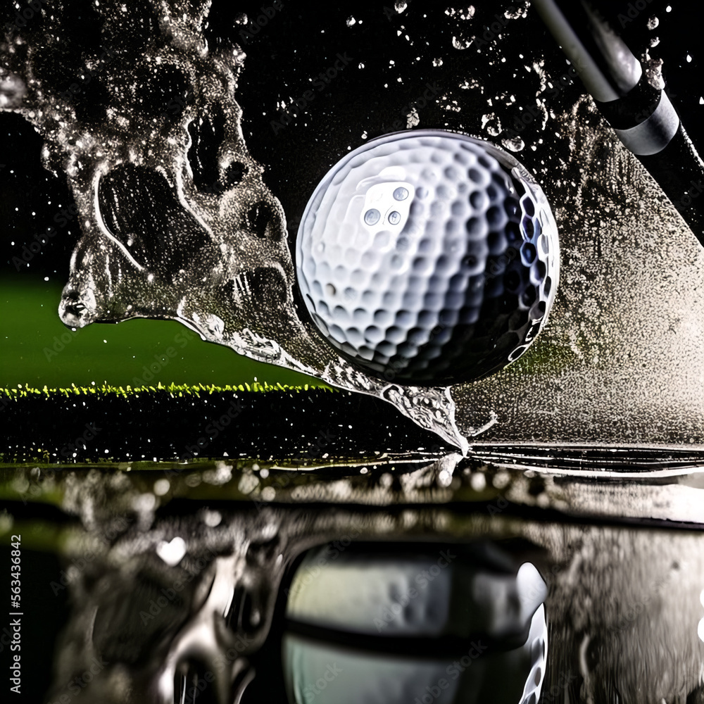 Isolated wet golf ball partially submerged underwater with dramatic ...