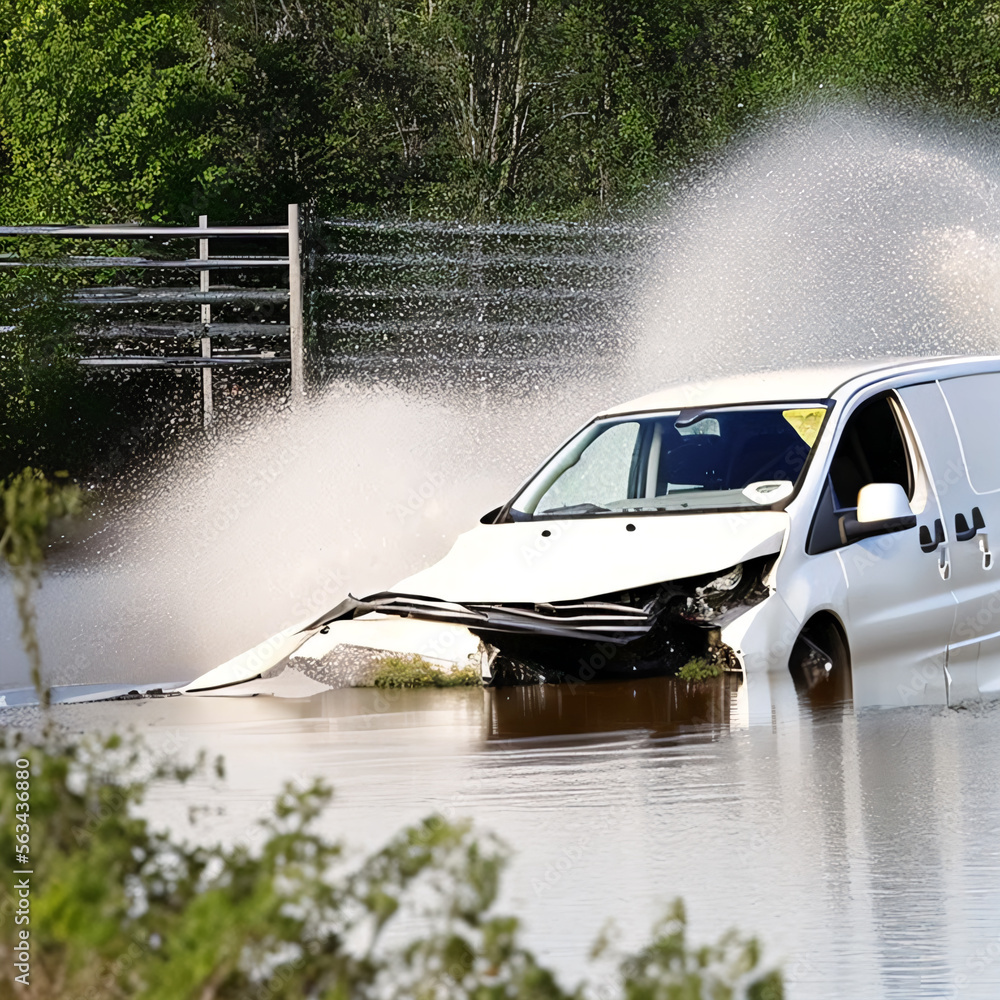 White van truck crash accident in flooded roadway with huge splash of ...
