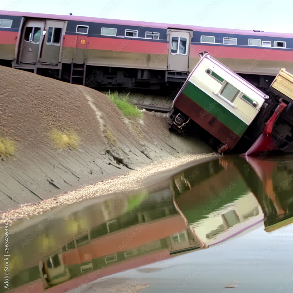 Train wreck crash accident derail into the water with broken damaged ...